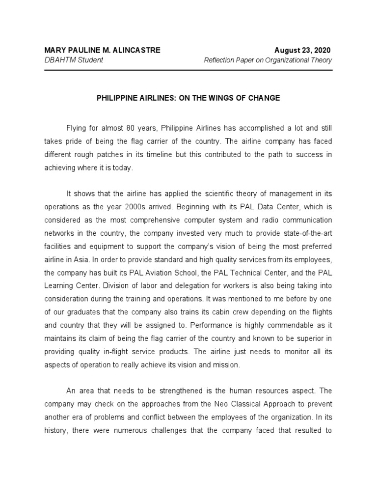 PAL Case Reflection Paper | PDF | Airlines | Employment