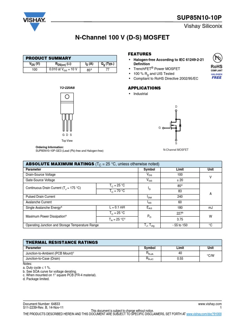 SUP85N10-10P: Vishay Siliconix | PDF | Field Effect Transistor ...