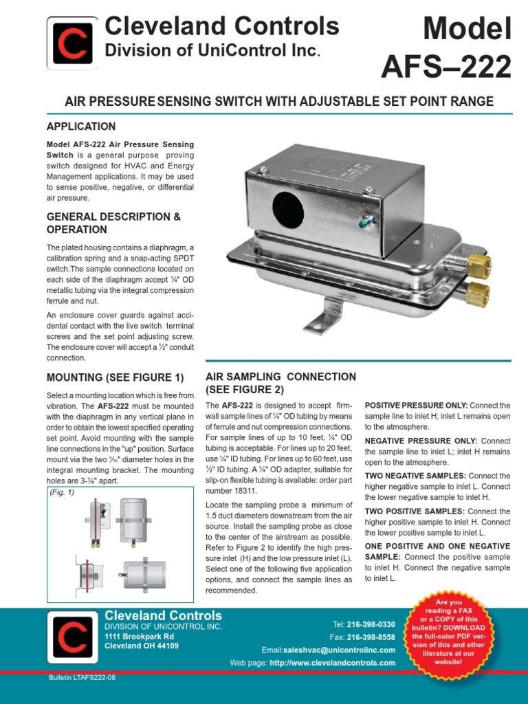Model AFS-222: Cleveland Controls | PDF | Pipe (Fluid Conveyance) | Switch