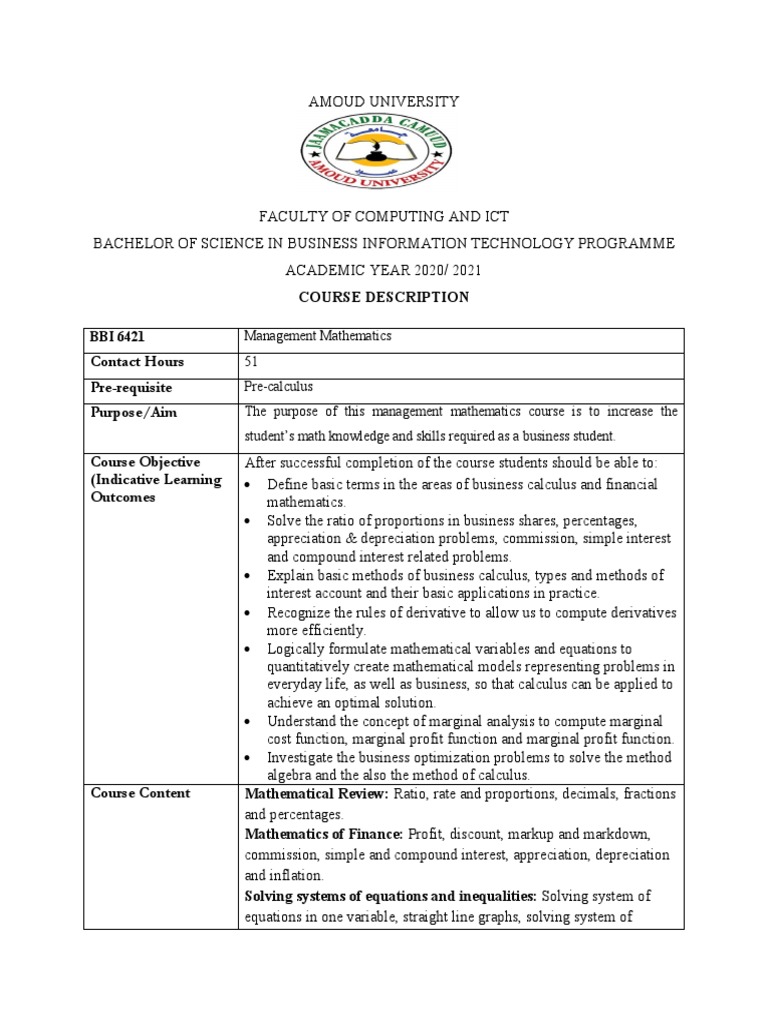 Management Mathematics Course Description | PDF | Calculus | Teaching ...
