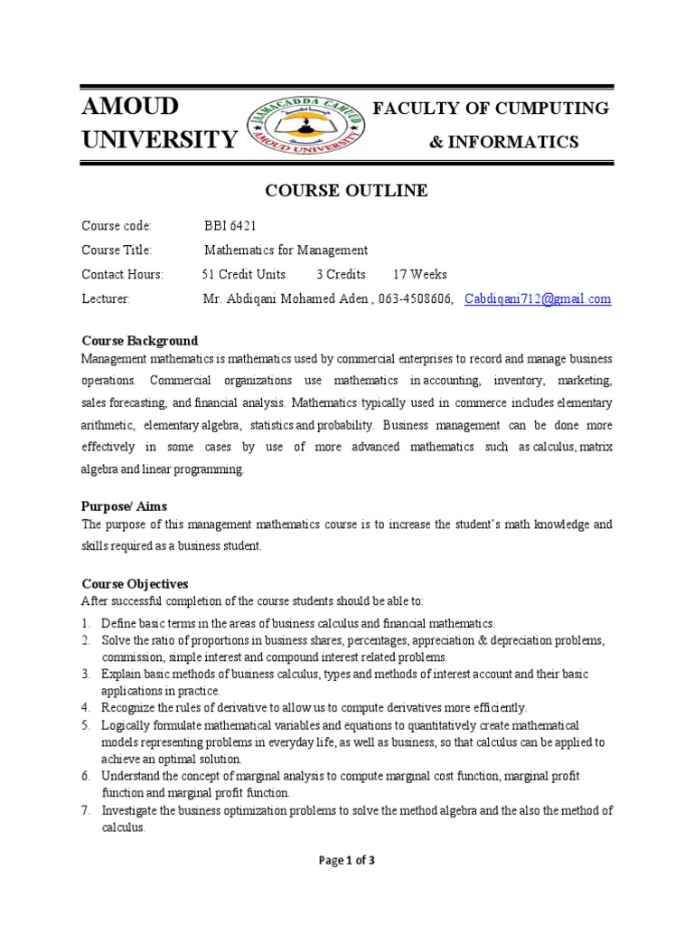 Mathematics for Management: An Overview of the Course Objectives ...