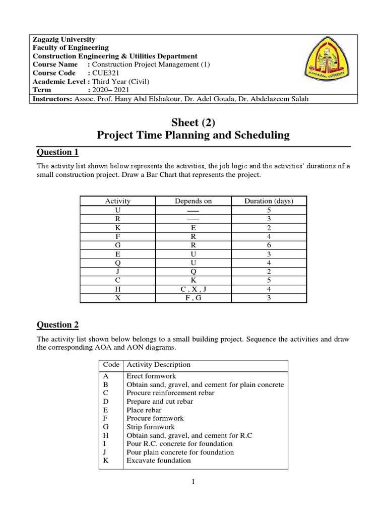Sheet (2) Project Time Planning and Scheduling | PDF | Economic Sectors ...