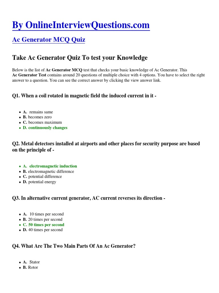 Take Ac Generator Quiz To Test Your Knowledge | PDF