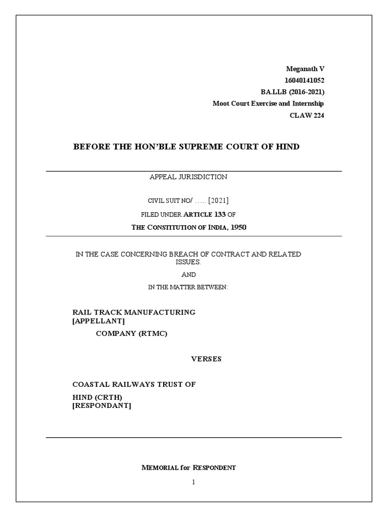 Moot Court Memorial | PDF | Breach Of Contract | Damages
