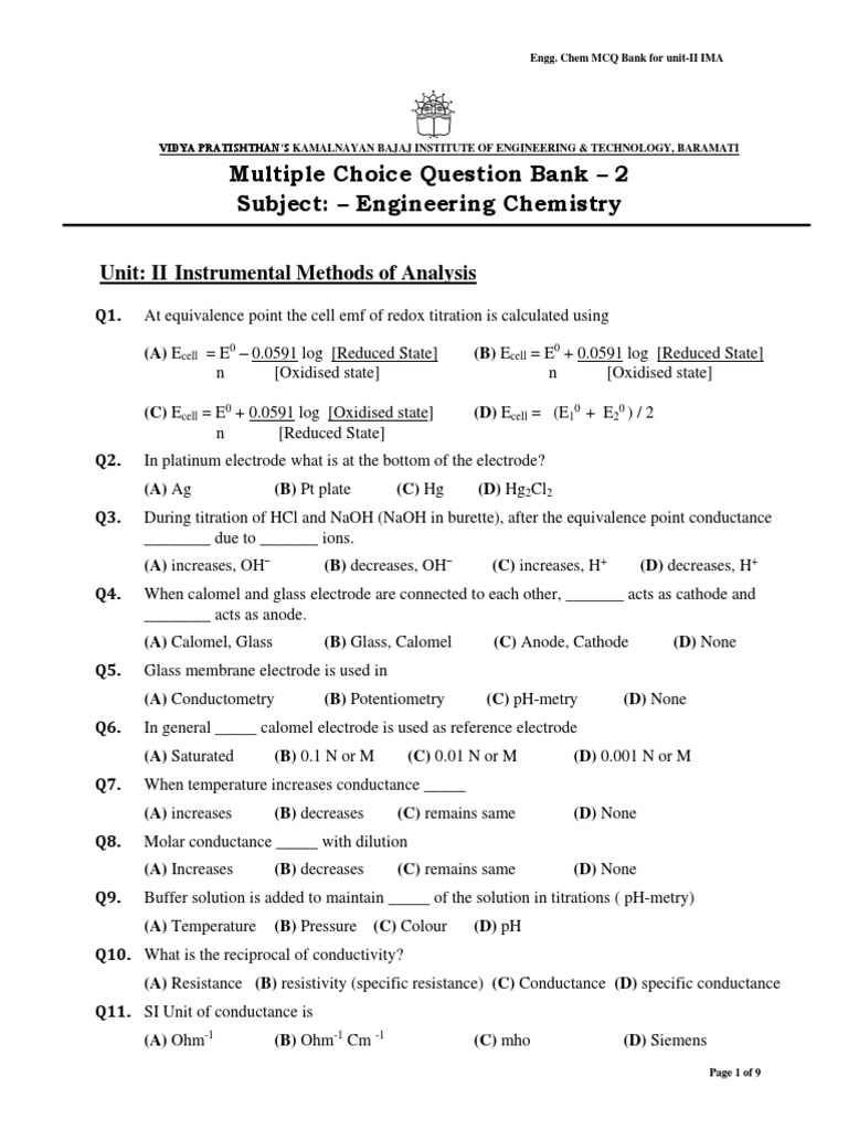 Multiple Choice Question Bank - 2 Subject: - Engineering Chemistry ...