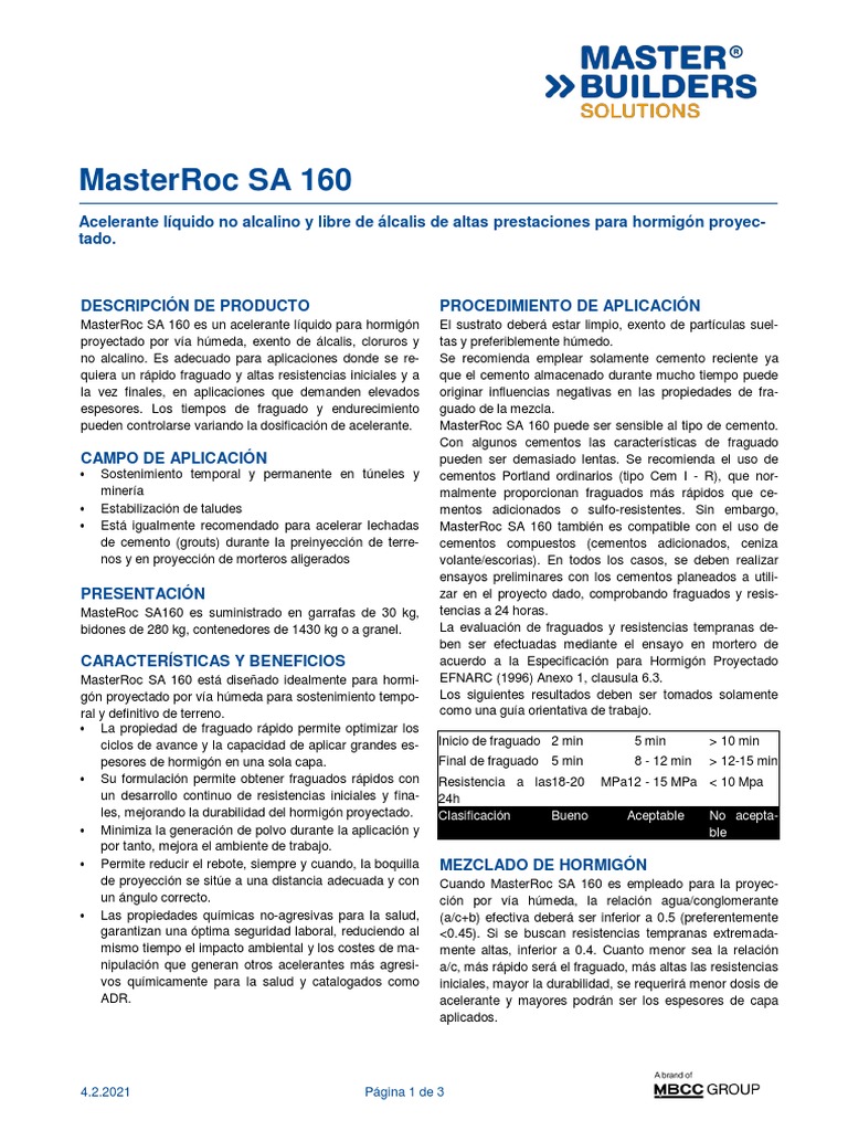 MasterRoc SA 160 | Descargar gratis PDF | Hormigón | Cemento
