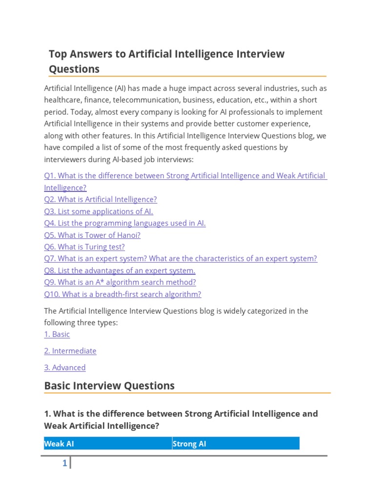 Artificial Intelligence Interview Questions | PDF | Machine Learning ...