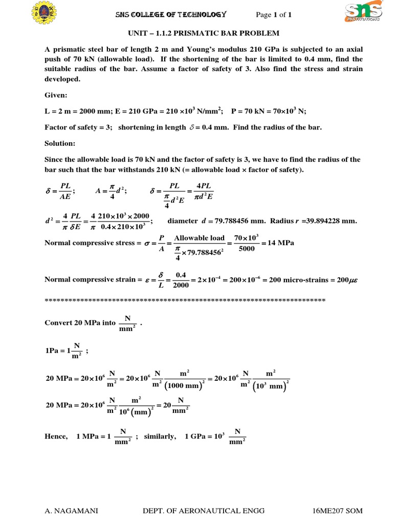 Som Unit - 1.1.2 Prismatic Bar With Fos | PDF | Pascal (Unit) | Materials Science