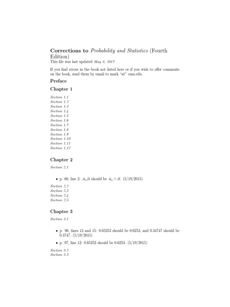 Corrections To Probability and Statistics (Fourth Edition) : Preface ...
