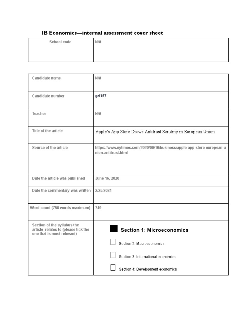 IB Economics-Internal Assessment Cover Sheet | PDF | Competition Law ...
