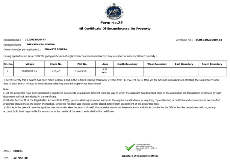 Form No.25: Nil Certificate of Encumbrance On Property | PDF | Civil ...