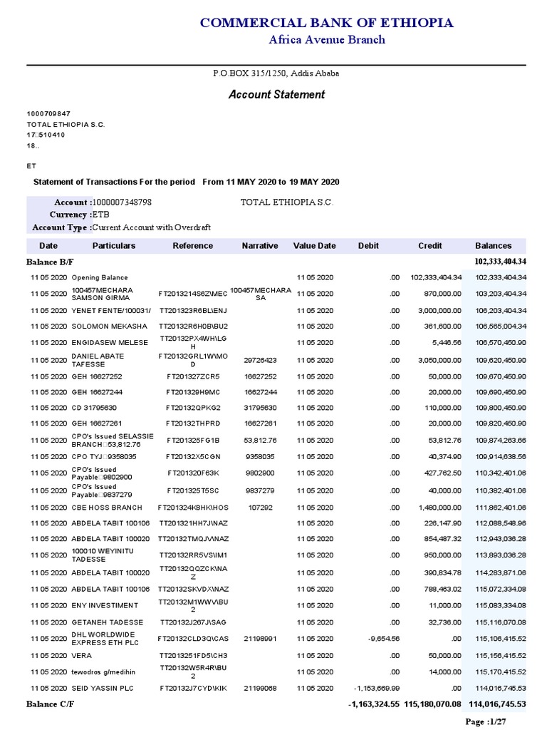 Commercial Bank of Ethiopia: Account Statement | PDF | Transaction ...