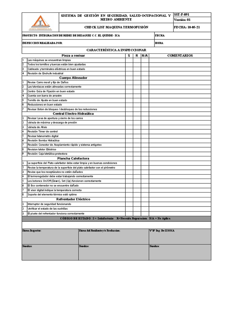 Check List Maquina Termofusion | PDF | Equipo | Ingeniería mecánica
