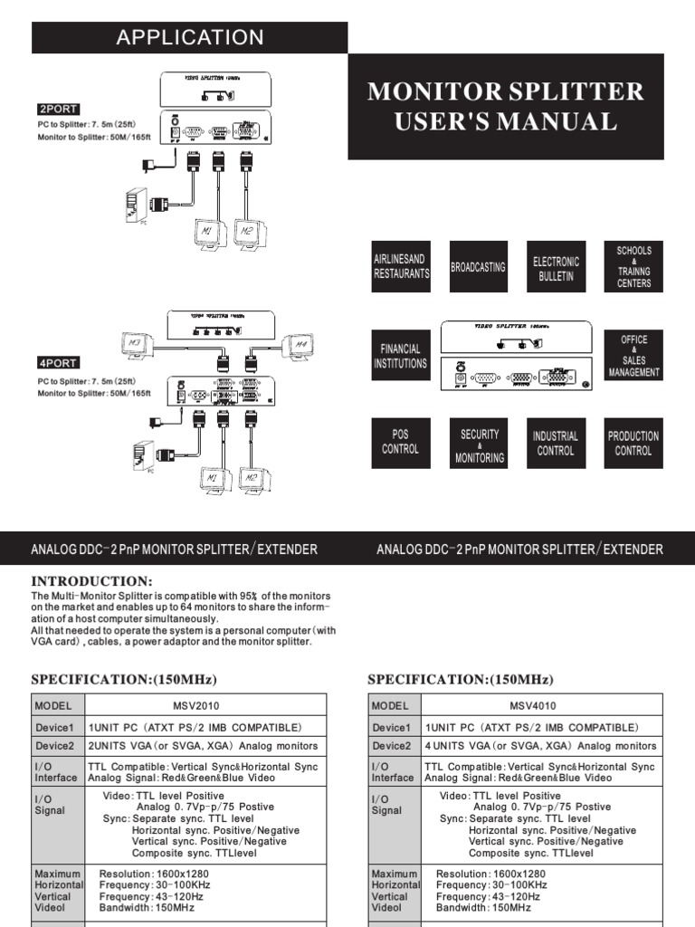Monitor Splitter User'S Manual: Application | PDF | Telecommunications ...