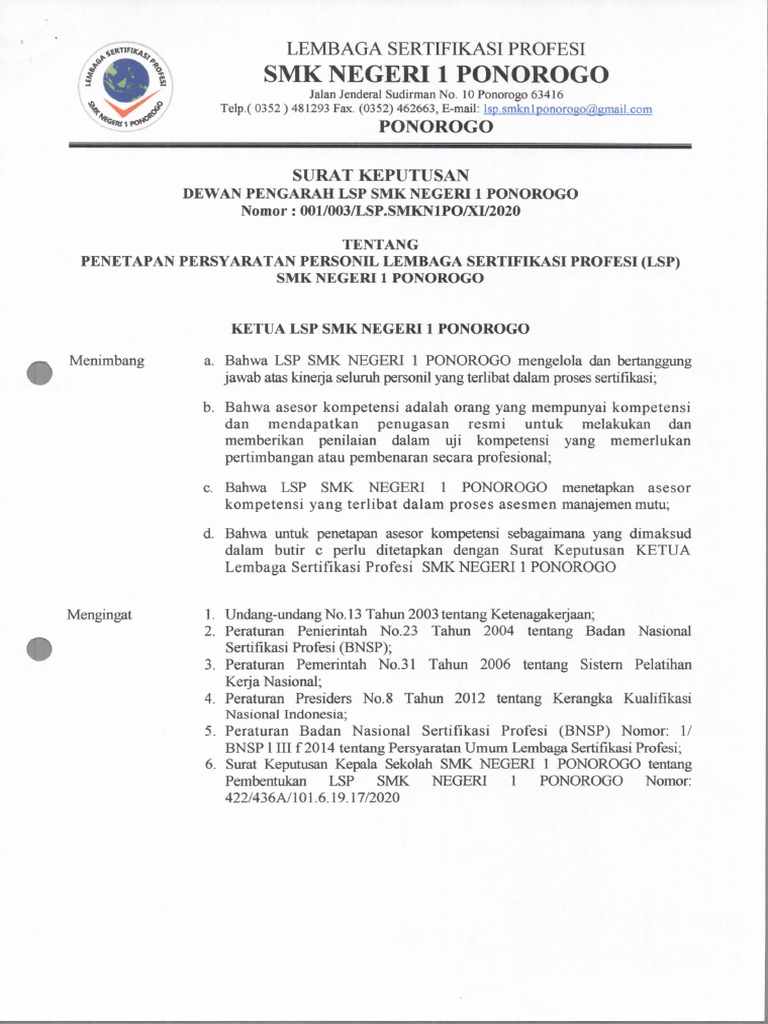 SK Penetapan Persayaratan Personil LSP. | PDF