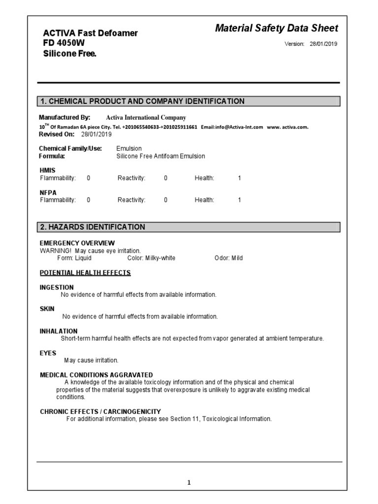 Activa Fast Defoamer FD 4050W MSDS - New-PDF-11!5!19 | PDF | Personal ...