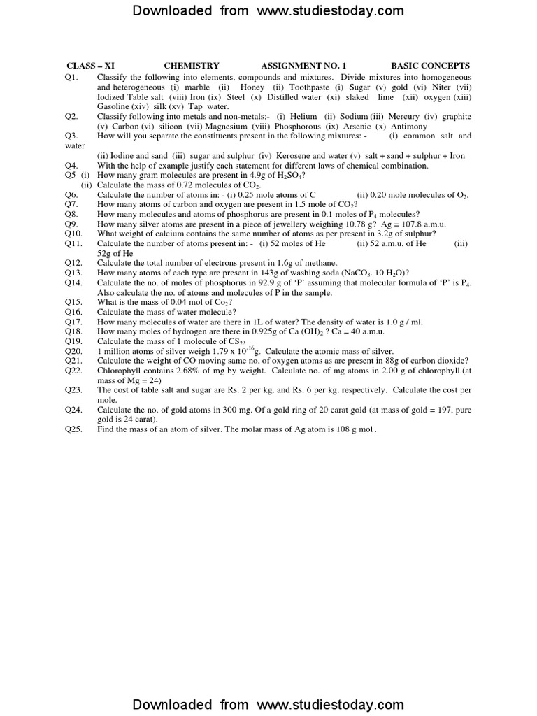 CBSE Class 11 Chemistry Worksheet | PDF | Mole (Unit) | Molecules