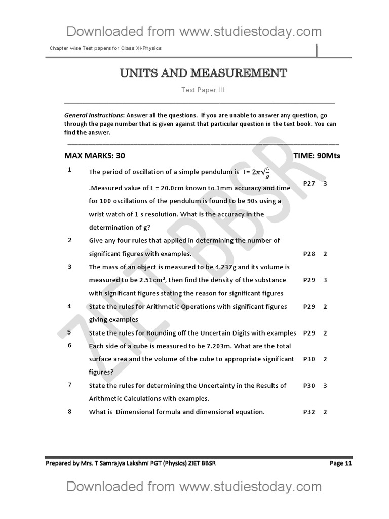 Units and Measurement Test Paper III | PDF | Significant Figures ...