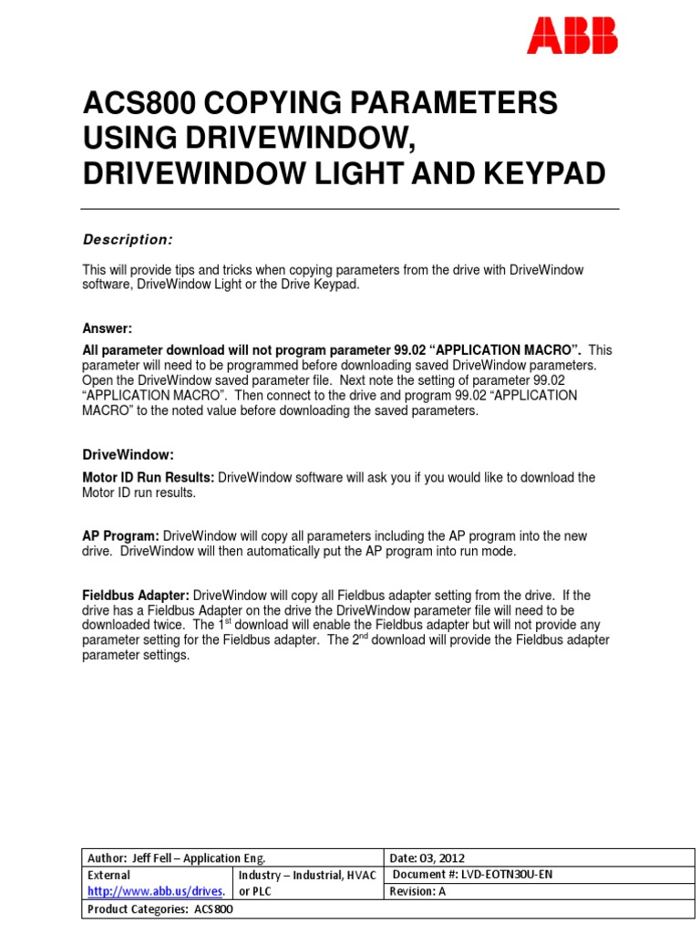 ACS800 Copying Parameters Using Drivewindow, Drivewindow Light AND Keypad | PDF | Download ...