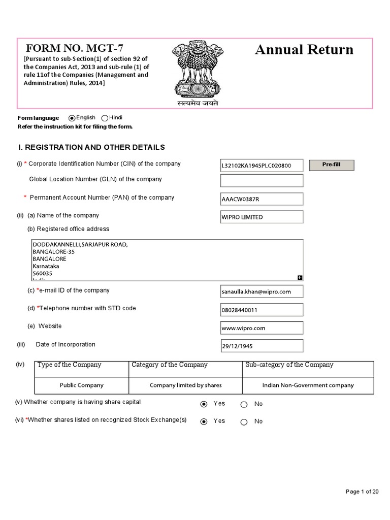 Annual Return: Form No. Mgt-7 | PDF | Debenture | Securities (Finance)