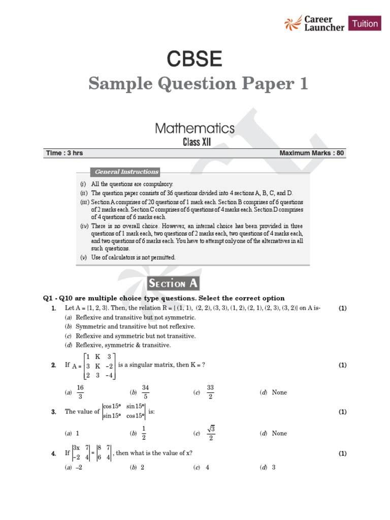 Class XII - Maths - Sample Paper 1 | PDF | Tangent | Curve