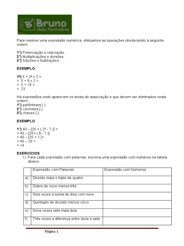 Expressões Numéricas para o 6º Ano | PDF | Ensino de Matemática | Science