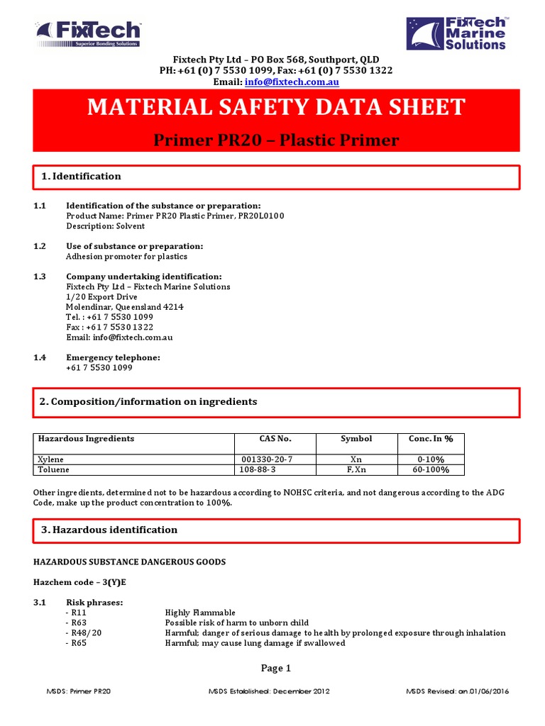Material Safety Data Sheet: Primer PR20 - Plastic Primer | Download ...