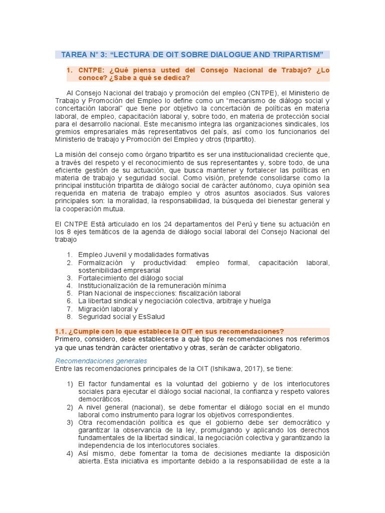 Tarea #3 Lectura de OIT Sobre Dialogue and Tripartism - DS Y CNTPE | PDF | Organización ...