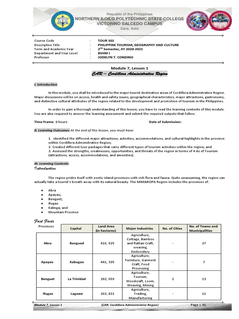 CAR - Cordillera Administrative Region: Module 7, Lesson 1 | PDF