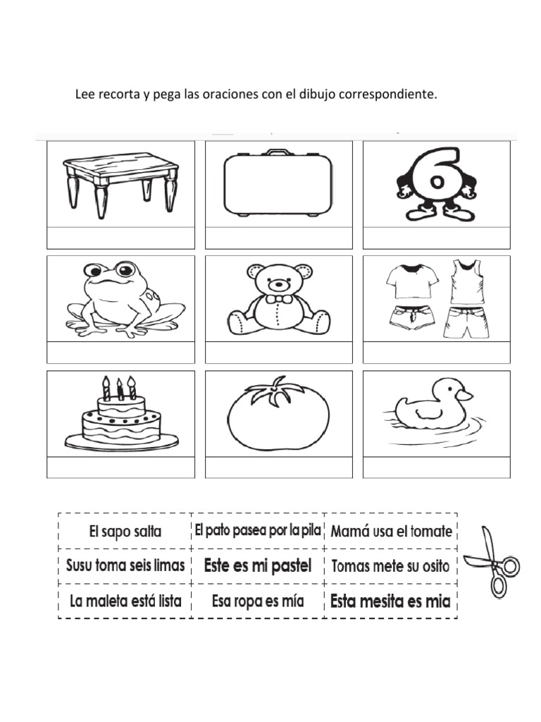 Asignar oraciones a dibujos mediante recortar y pegar | PDF