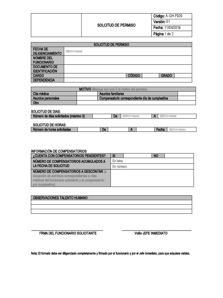 A-Gh-F020 Formato Solicitud Permiso | PDF