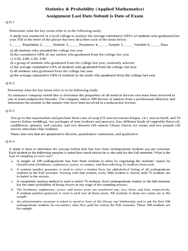 Statistics & Probability (Applied Mathematics) Assignment Last Date ...