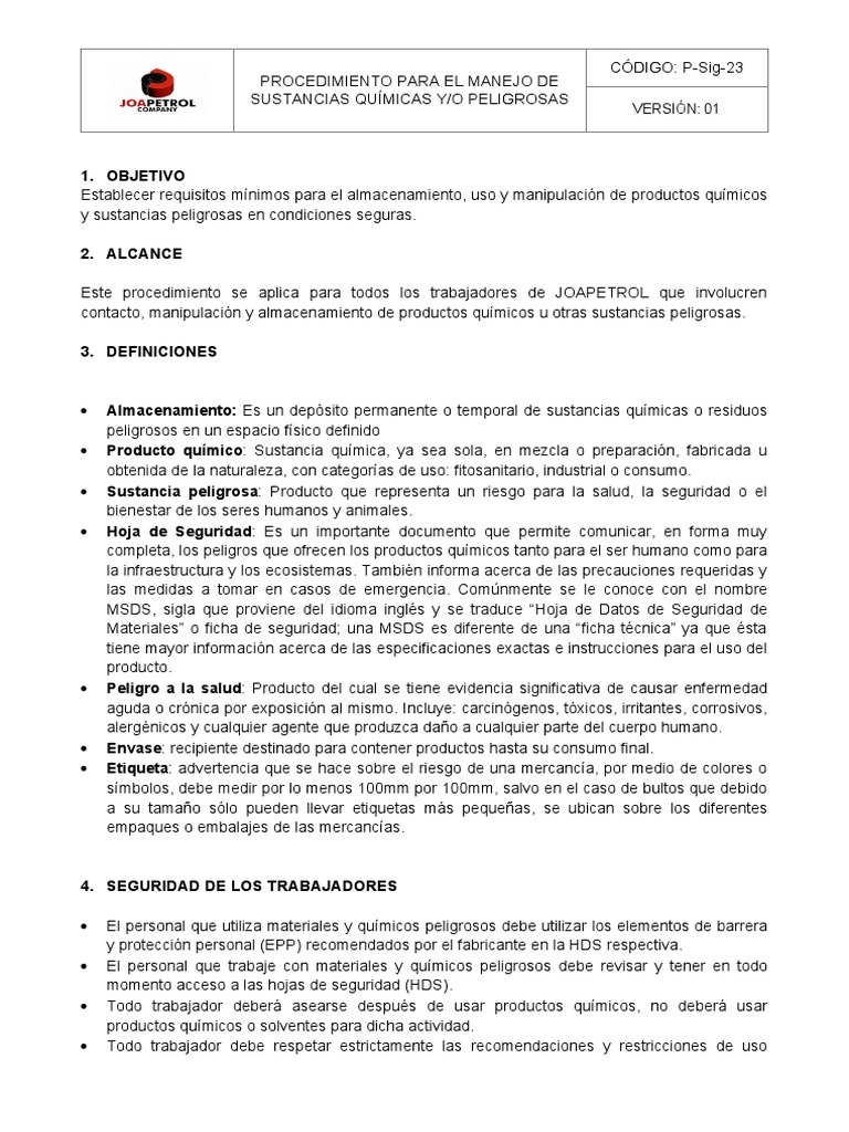 P-Sig-23 Procedimiento Para El Manejo de Sustancias Química o Peligrosas | PDF | Residuos ...