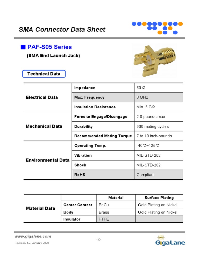 SMA Connector Data Sheet: PAF-S05 Series | PDF | Electrical Connector ...