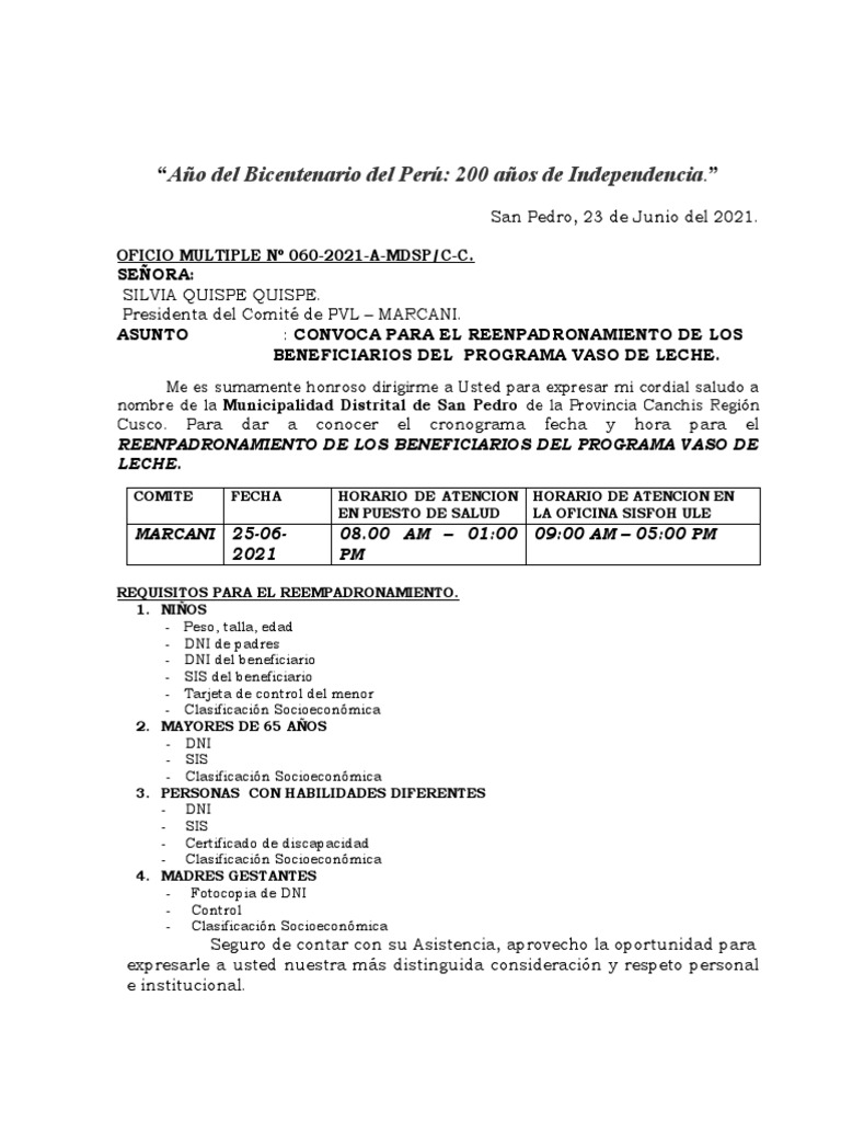 Oficio Multiple #60 Oficio para El Reempadronamiento de PVL | PDF
