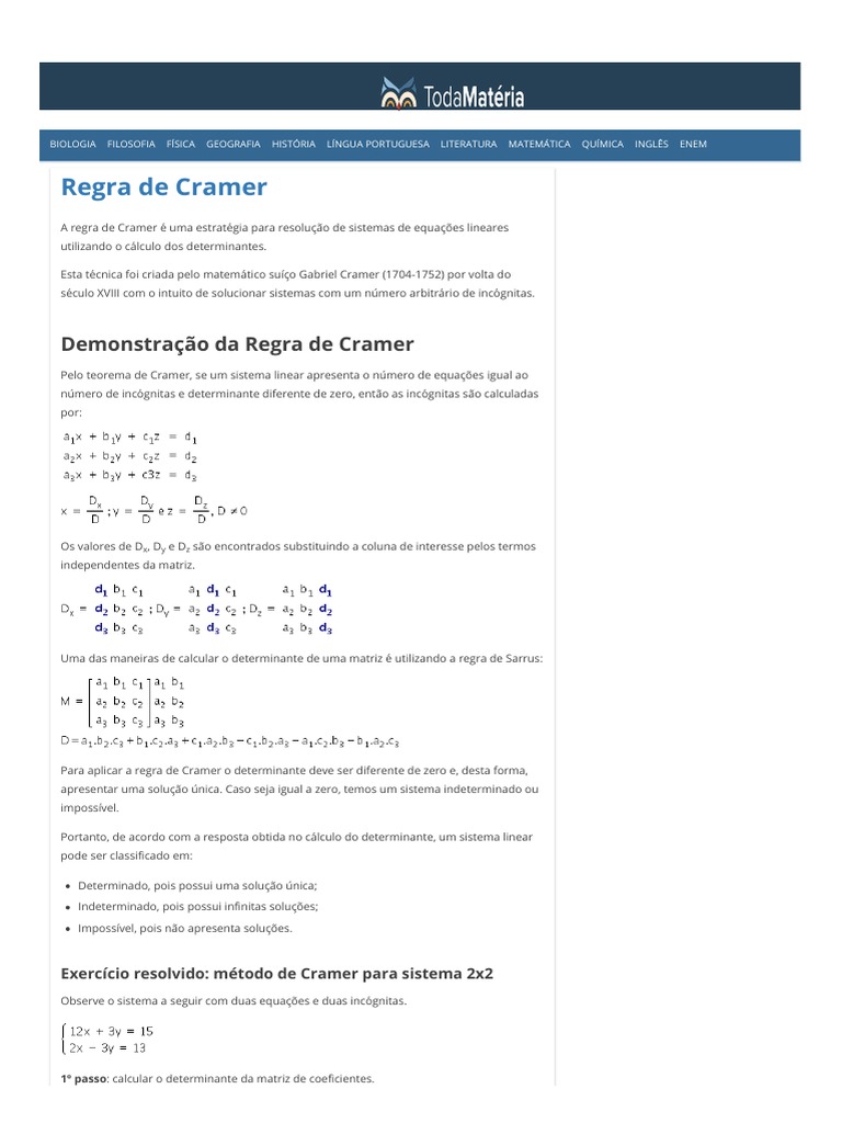 Regra de Cramer - Toda Matéria | PDF | Determinante | Matriz (Matemática)