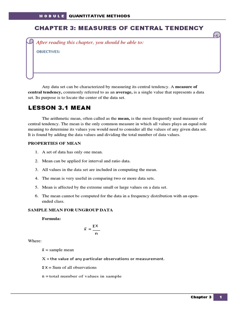 Chapter 3 - Measures of Central Tendency | PDF | Mean | Mode (Statistics)