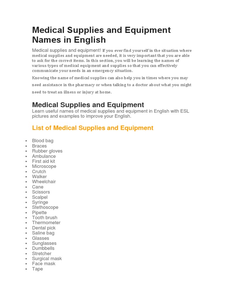 Medical Supplies and Equipment Names in English | PDF | First Aid ...