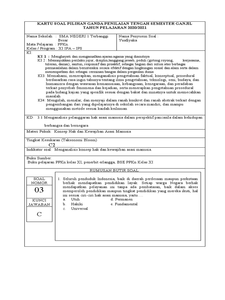 Kartu Soal PTS Ganjil PPKN Xi | PDF