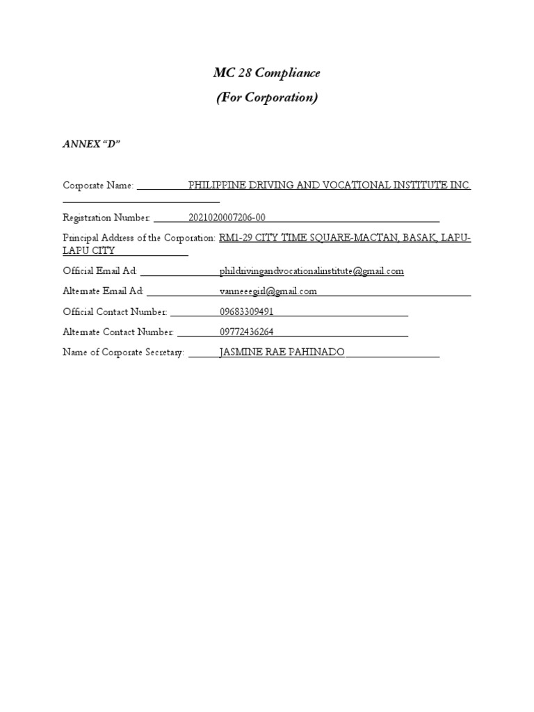 MC 28 Compliance Details (Corporation) | PDF
