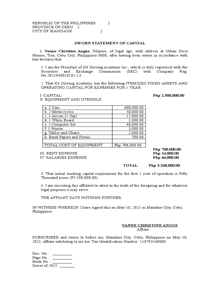 Sworn Statement of Capital | PDF