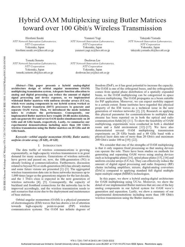 Hybrid OAM Multiplexing Using Butler Matrices Toward Over 100 Gbit/s ...