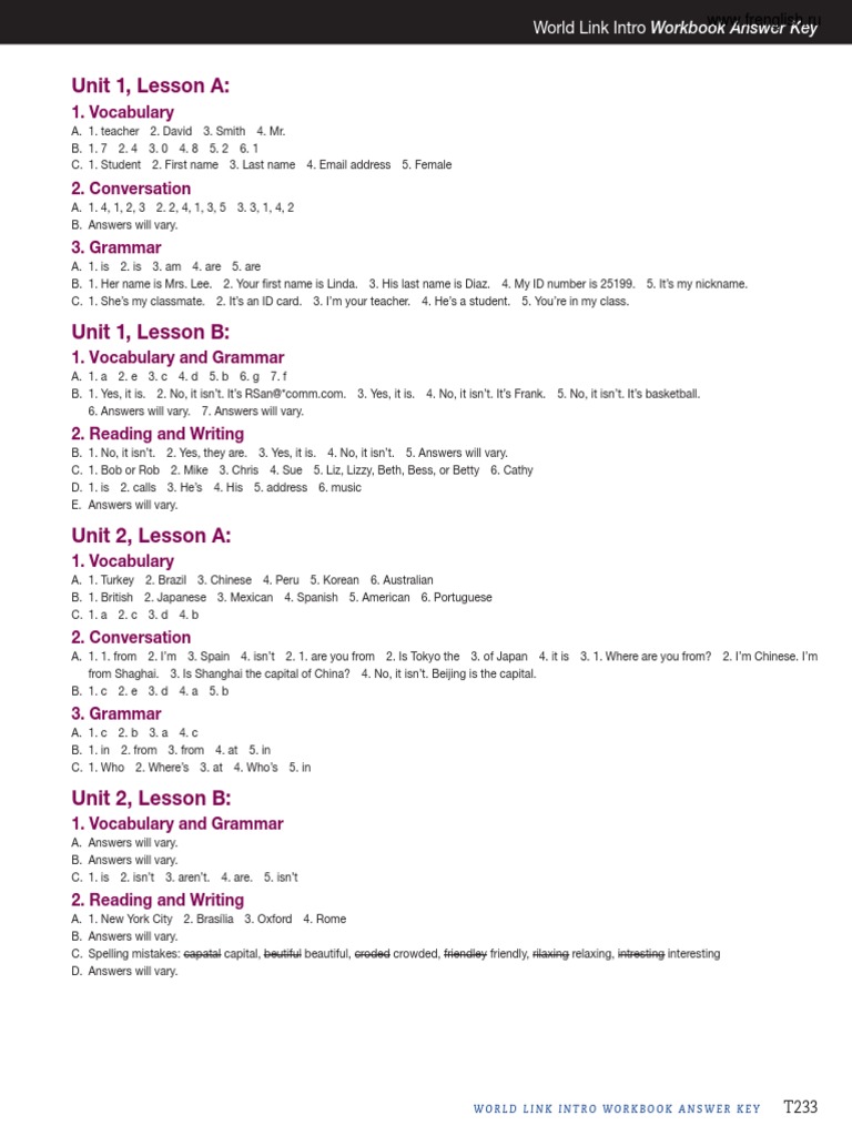 Unit 1 Vocabulary Answer Key | PDF | Workweek And Weekend | Clothing