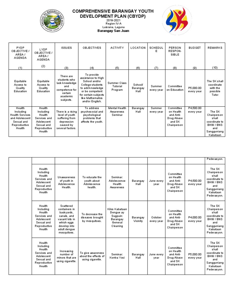 Comprehensive Barangay Youth Development Plan (Cbydp) | PDF | Gender ...