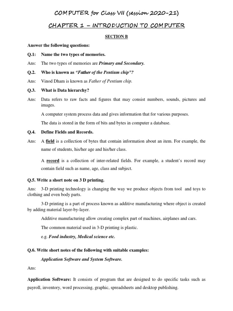 COMPUTER For Class VII (Session 2020-21) Chapter 1 - Introduction To Computer | PDF | Printer ...