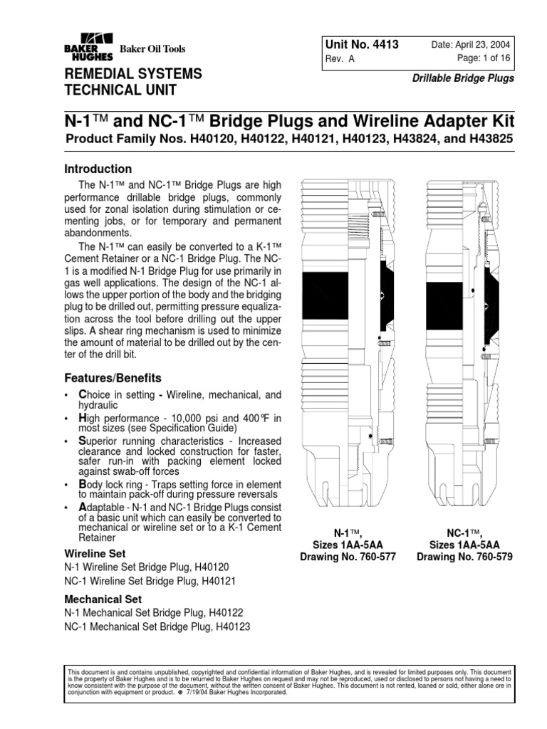 N-1™ and NC-1™ Bridge Plugs and Wireline Adapter Kit: Technical Unit ...
