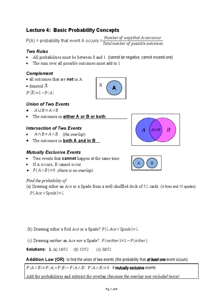 Lecture 4: Basic Probability Concepts: Number of Waysthat A Can Occur Totalnumber of Possible ...