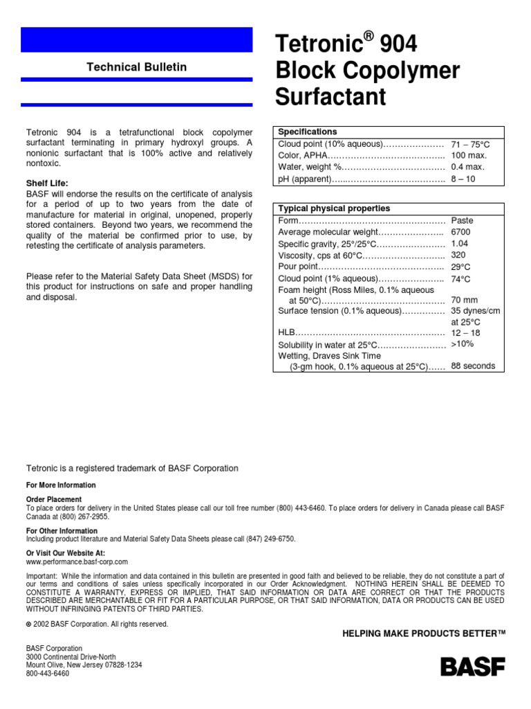 Tetronic 904 Block Copolymer Surfactant: Technical Bulletin | PDF ...