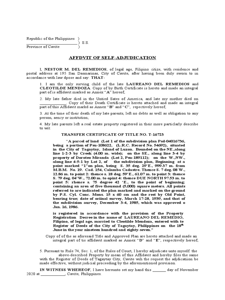 Affidavit of Self Adjudication | PDF | Manila | Civil Law (Common Law)