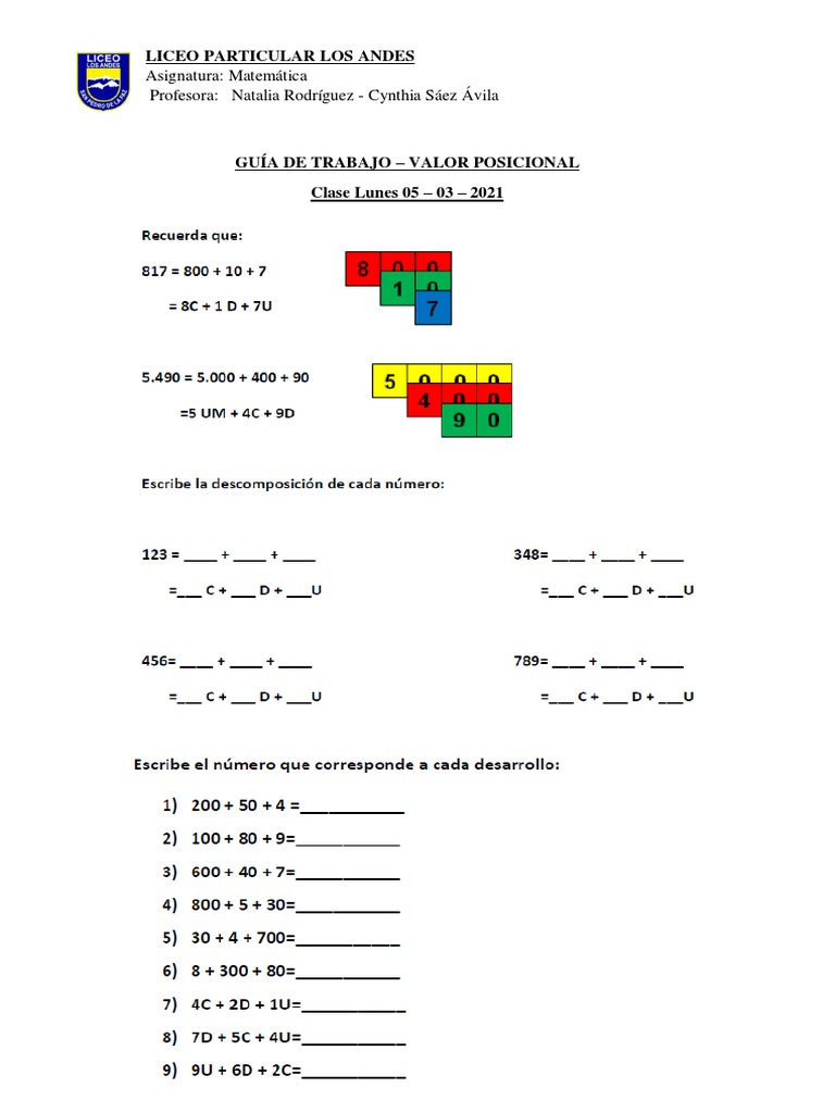 GUÍA DE TRABAJO - Valor Posicional | PDF